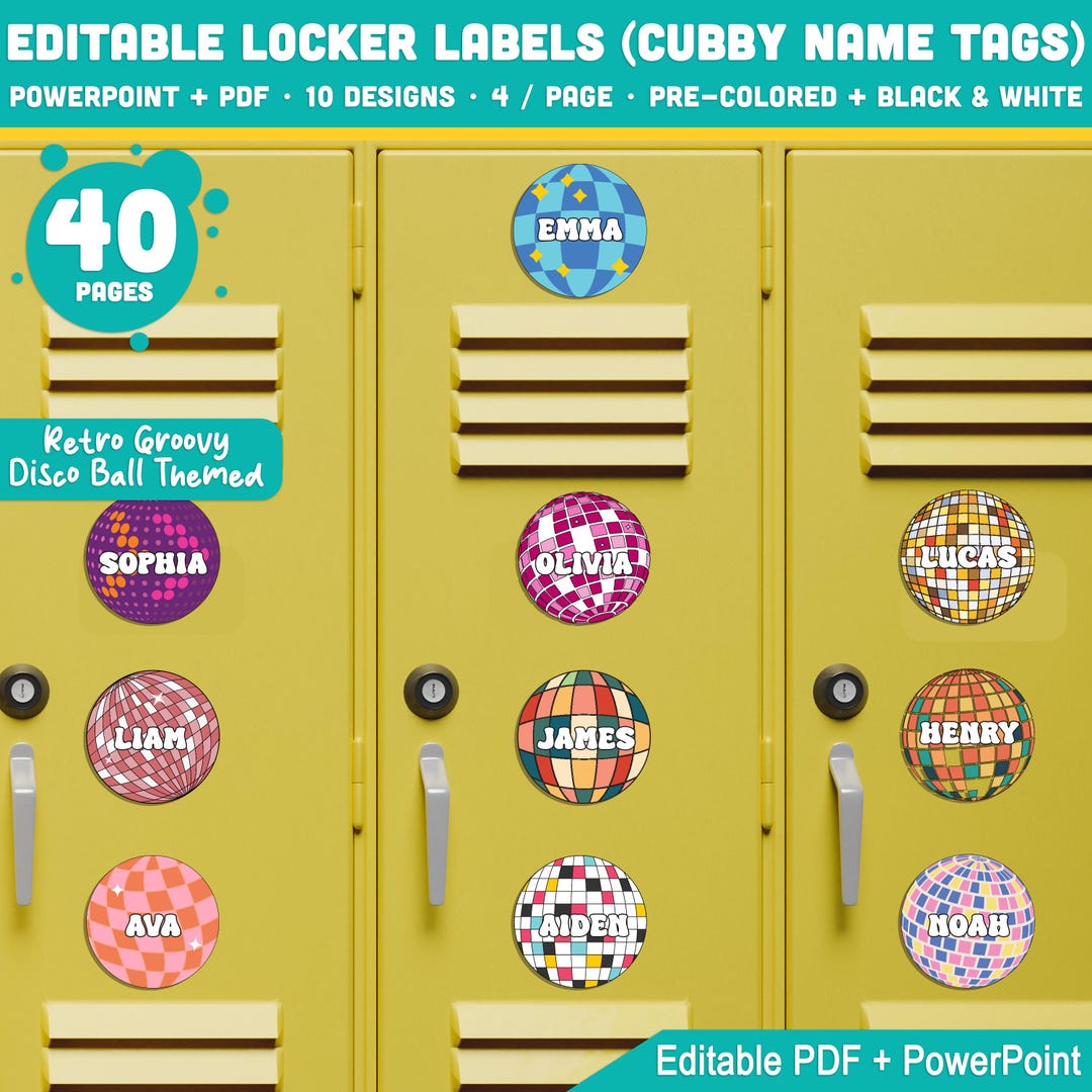 Editable Locker Labels (cubby Name Tags), Retro Groovy Disco Ball ...