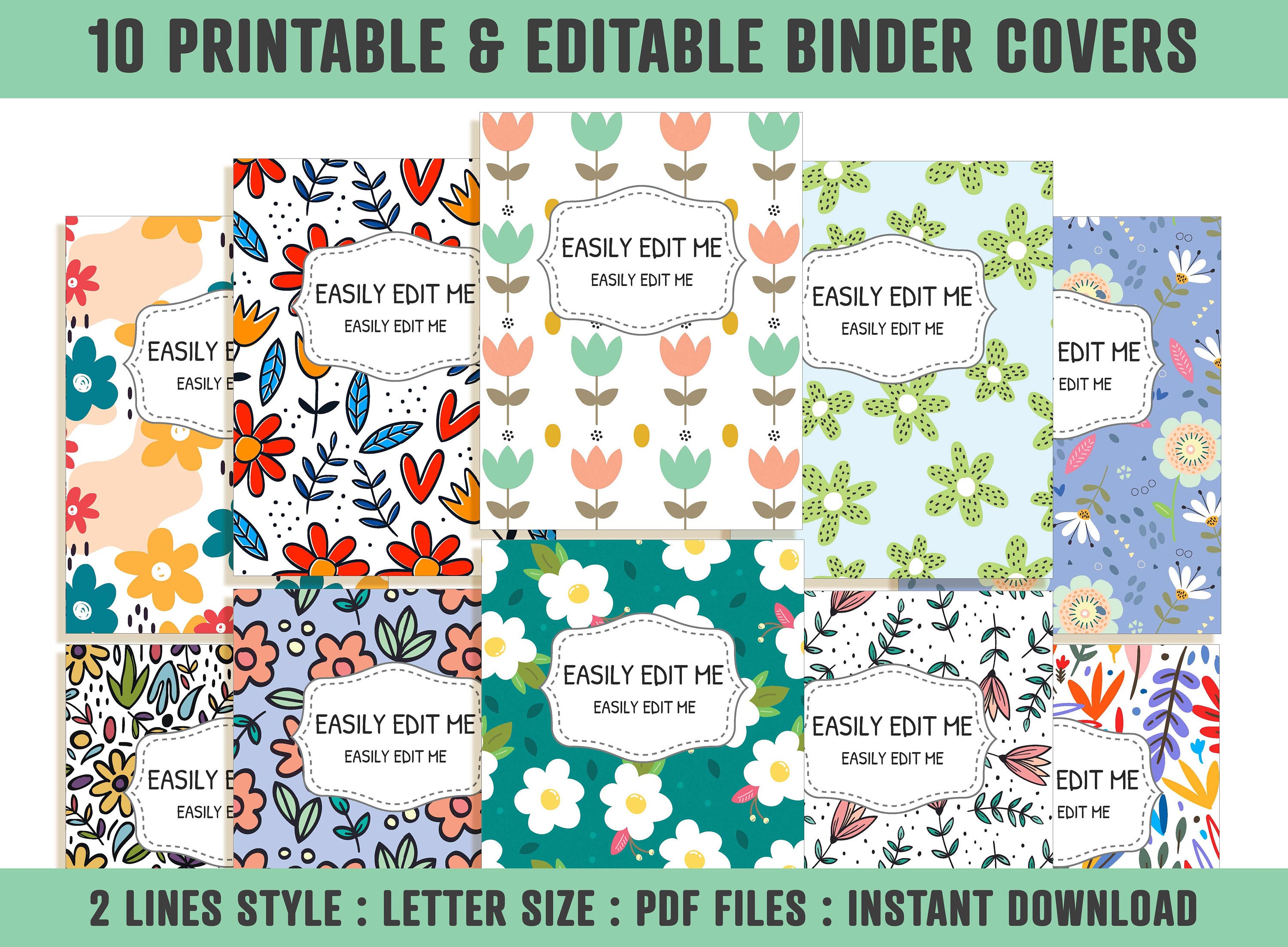 Floral Binder Cover, 10 Printable & Editable Coversspines, Binder Cover ...