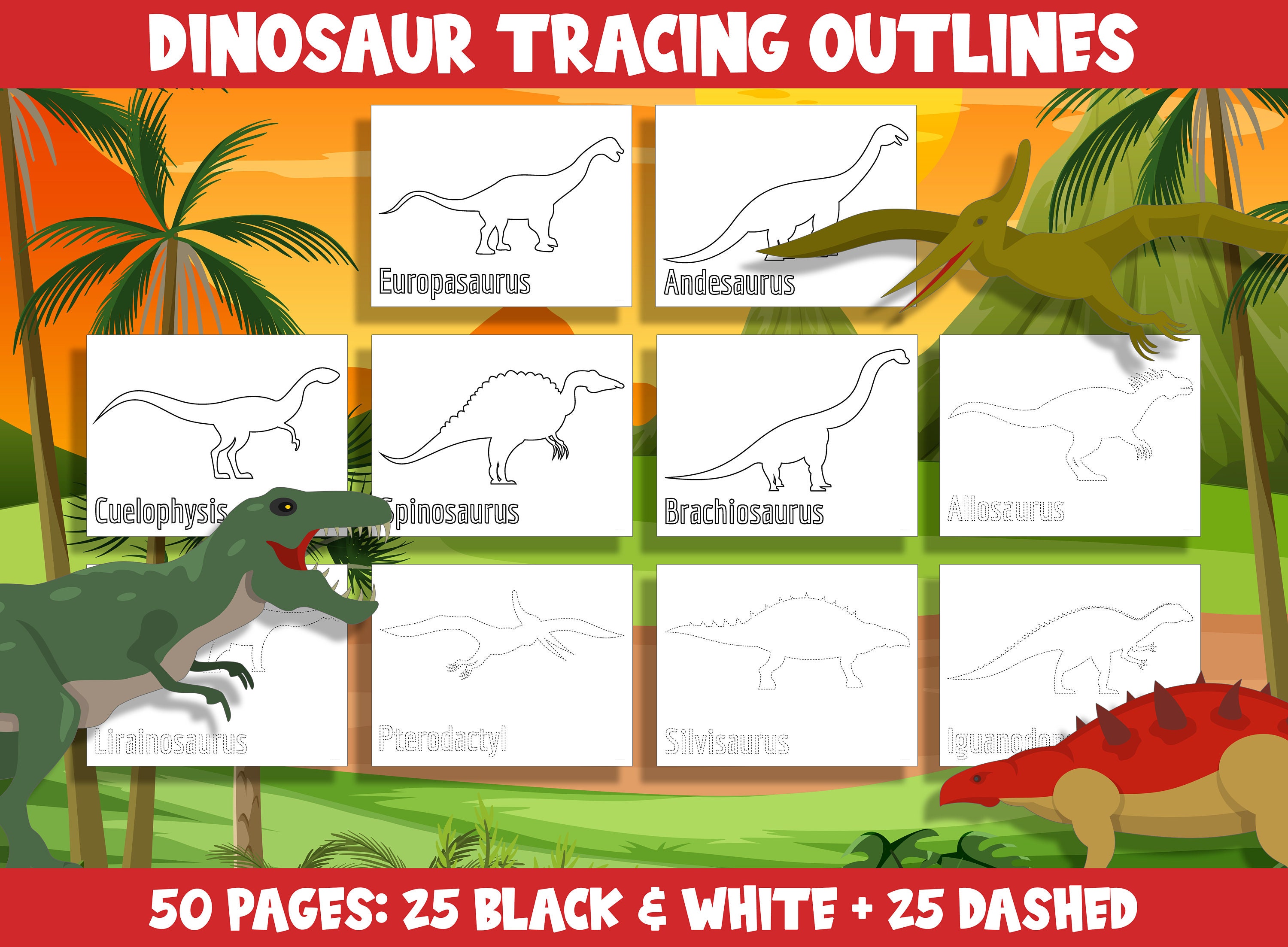 Printable Dinosaur Outline, 25 Blank black & White 25 Dashed Tracing Outlines Clipart Set ...