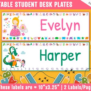 Student Desk Plates, 30 Printable/editable Unicorn, Princess, Fairy ...