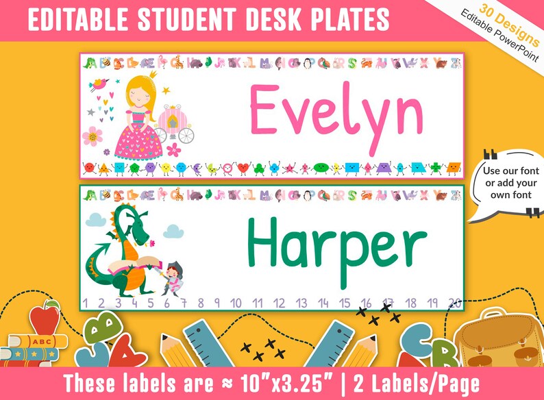 Student Desk Plates, 30 Printable/editable Unicorn, Princess, Fairy ...