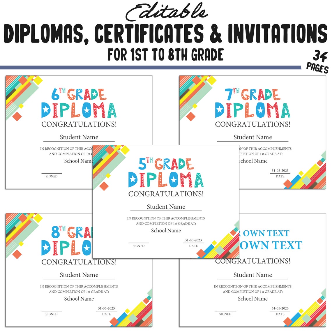 Editable Diplomas for 5th Grade, Certificates for 1st-8th Grade ...