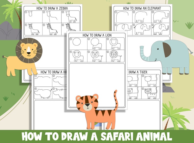 Learn How to Draw a Safari Animal (lion, Tiger, Elephant, Hippopotamus ...