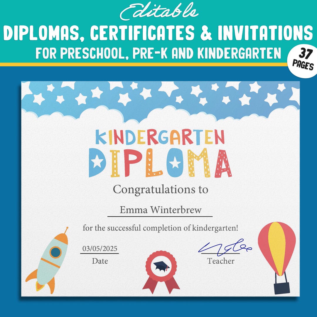 Editable Kindergarten Diploma, Completion Certificates, 37 Pages, PDF ...