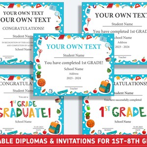Editable 1st Grade Graduation, 1st to 8th Grade Diploma, Certificate of ...