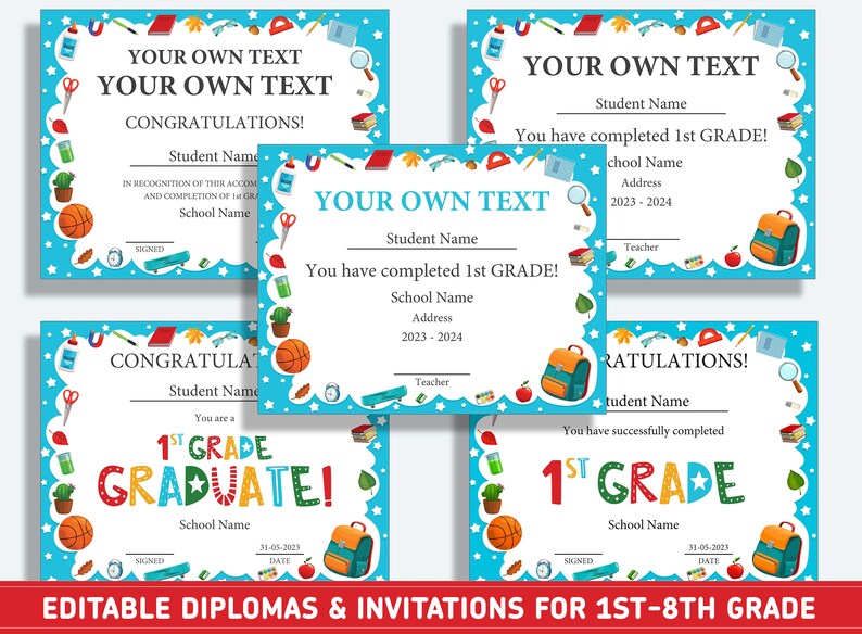 Editable 1st Grade Graduation 1st to 8th Grade Diploma - Etsy
