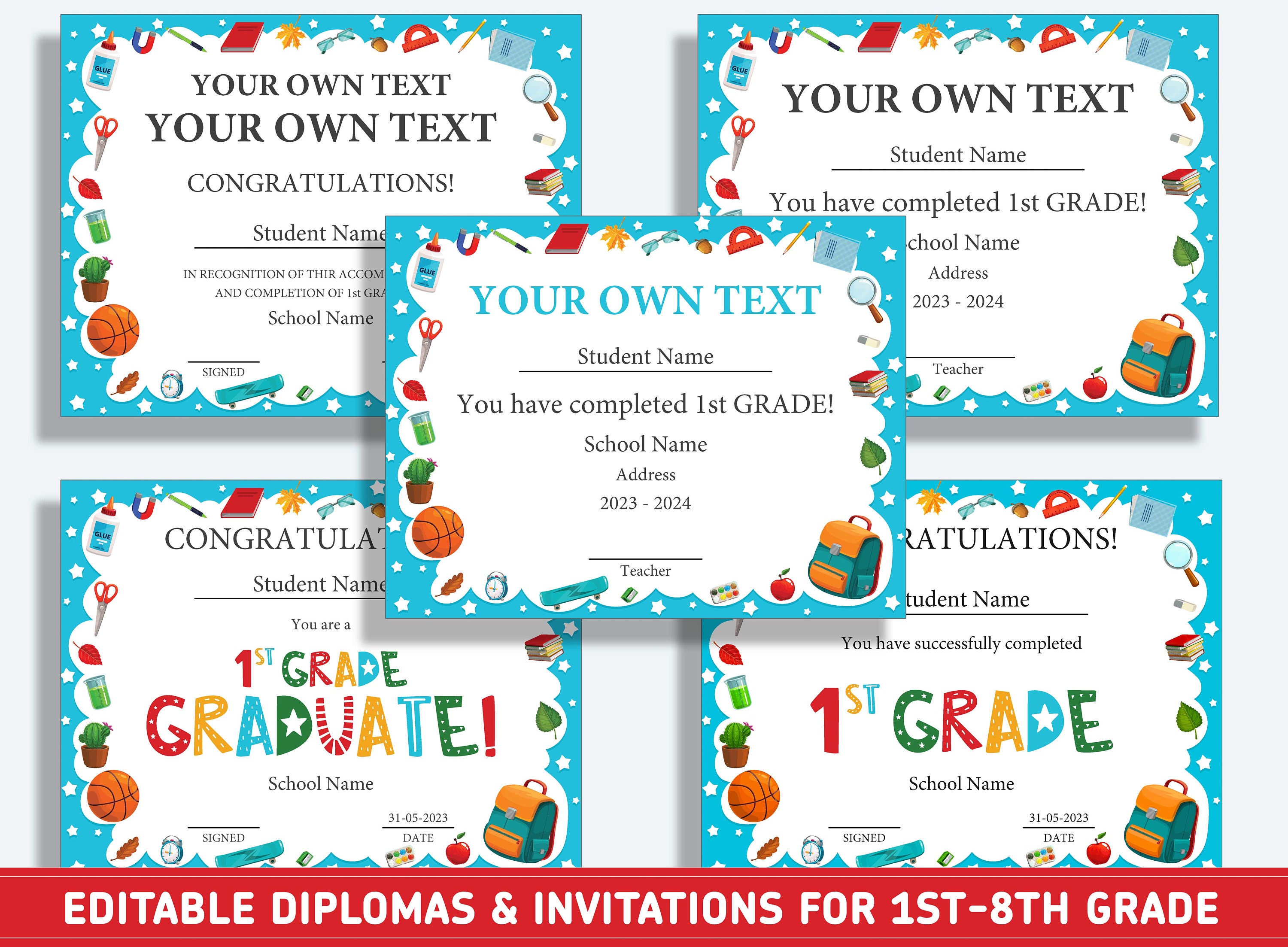Editable 1st Grade Graduation, 1st to 8th Grade Diploma, Certificate of ...