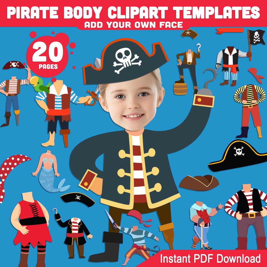 Pirate Body Clipart Templates: Add Your Photo Face, 20 Printable Pirate ...