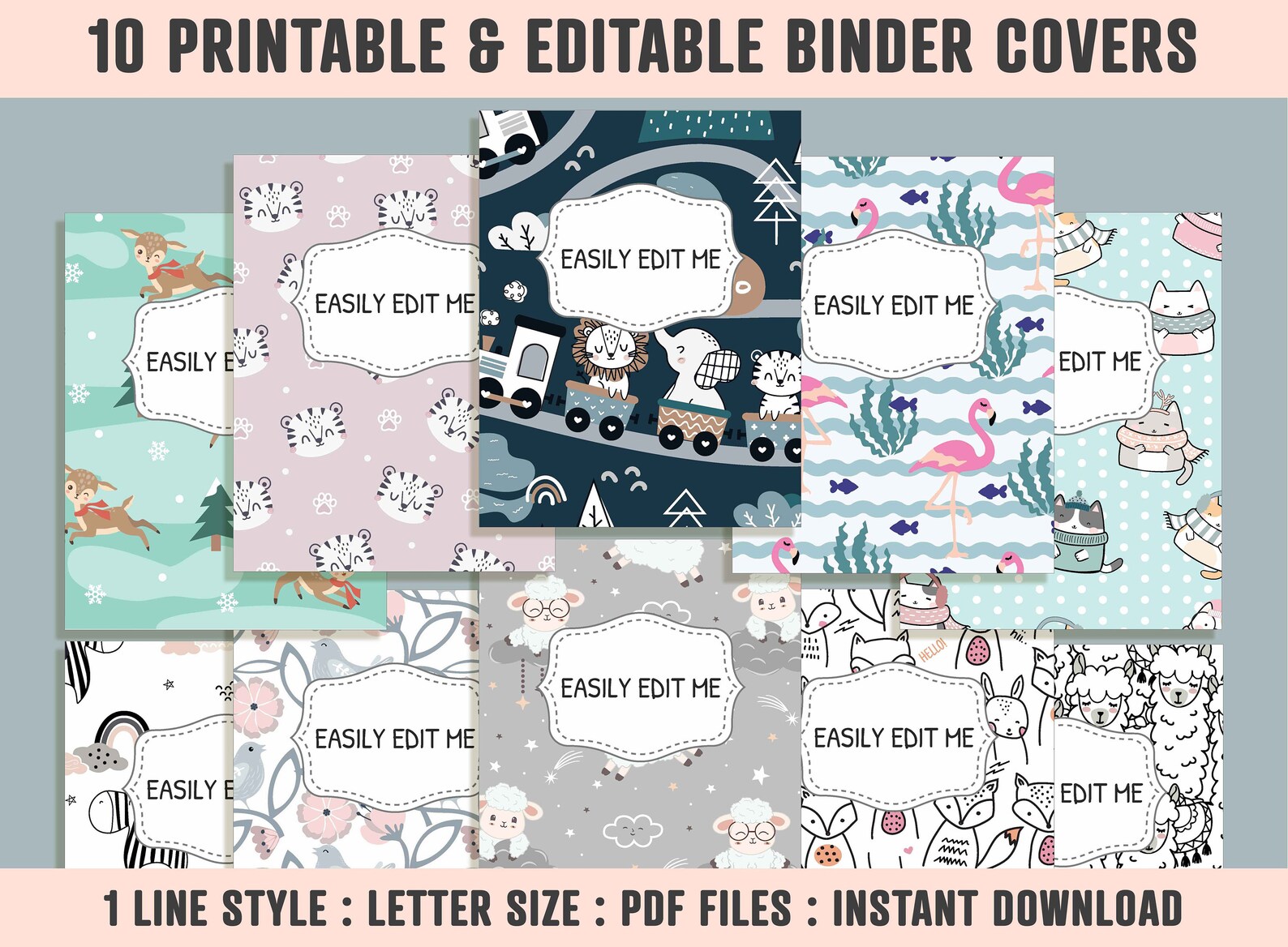 Cute Animal Binder Cover, 10 Printable & Editable Binder Covers Spines ...