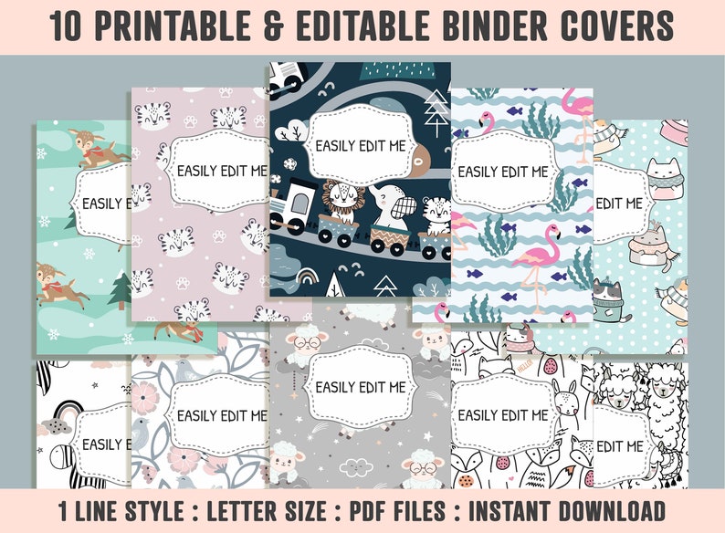 Cute Animal Binder Cover, 10 Printable & Editable Binder Covers ...