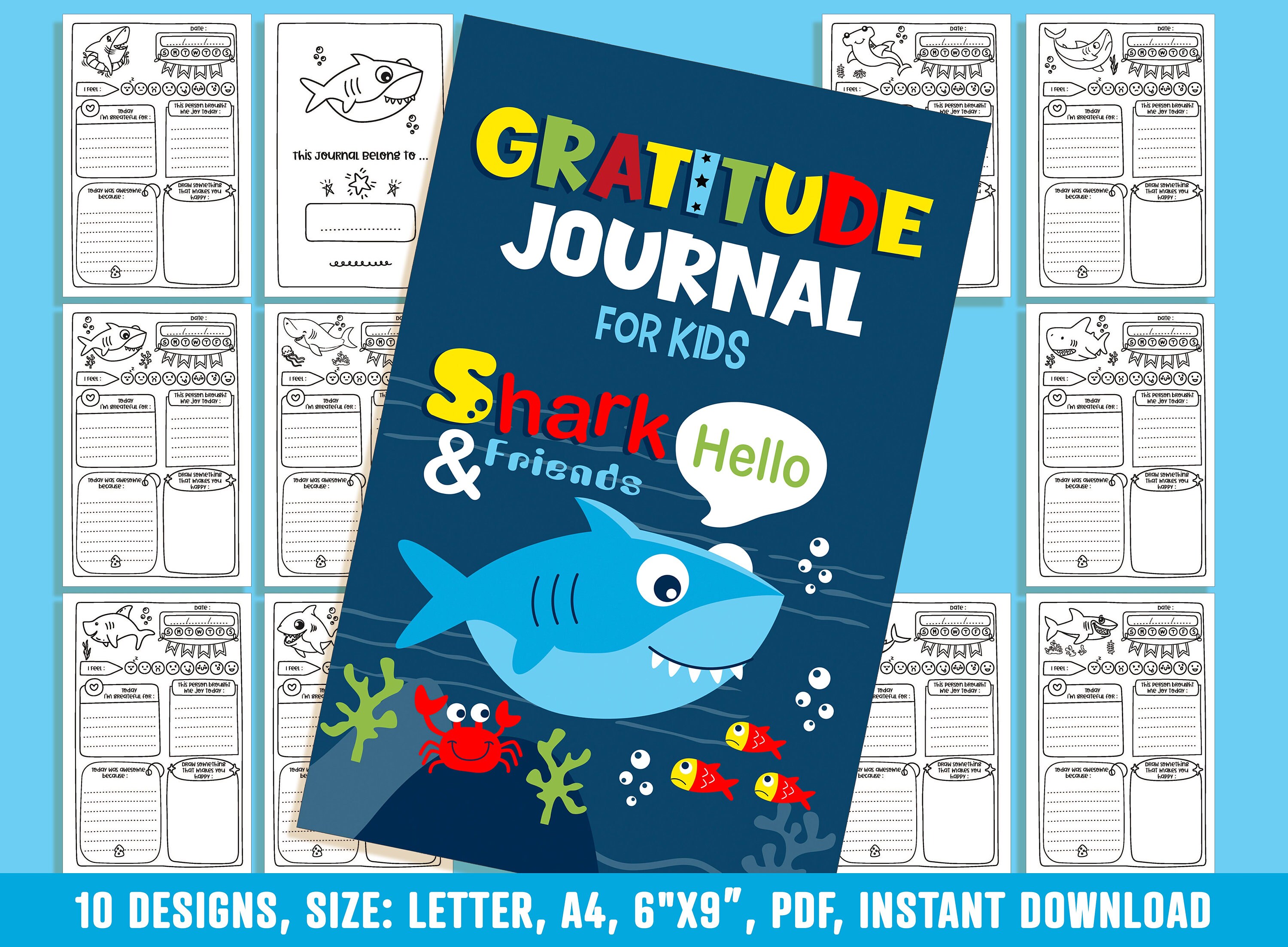 Gratitude Journal for Kids Shark & Friends, Daily Journal Prompts, 10 ...