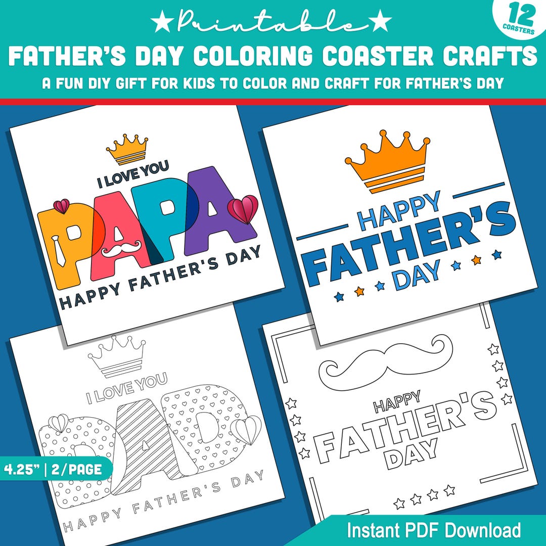 Father’s Day Coloring Tile Coasters – Printable Craft for Kids, 12 ...