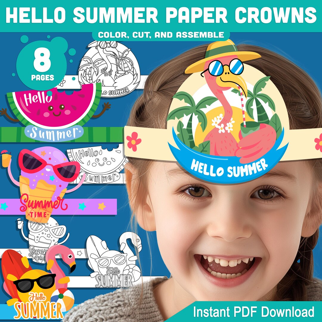 Printable Hello Summer Paper Crowns for Kids – Fun Beach Hat Craft, 4 ...