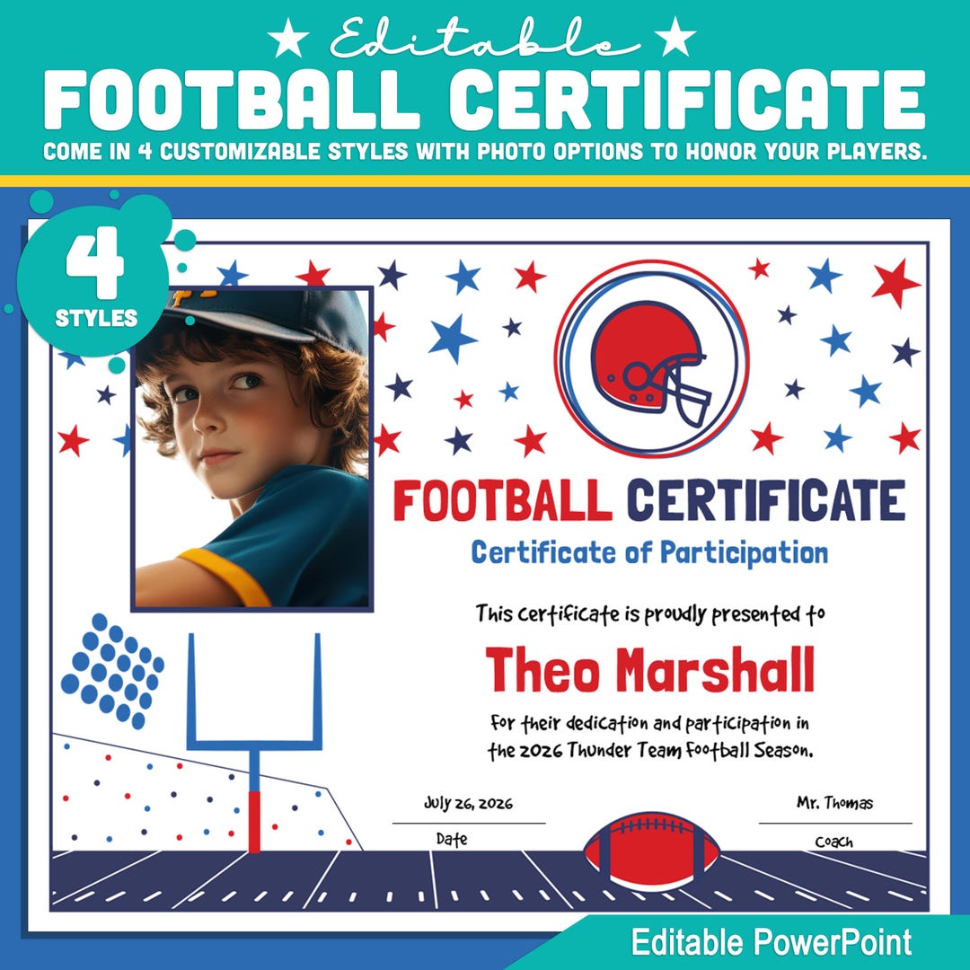 Editable Football Certificates - 4 Styles & Photo Options for Team ...