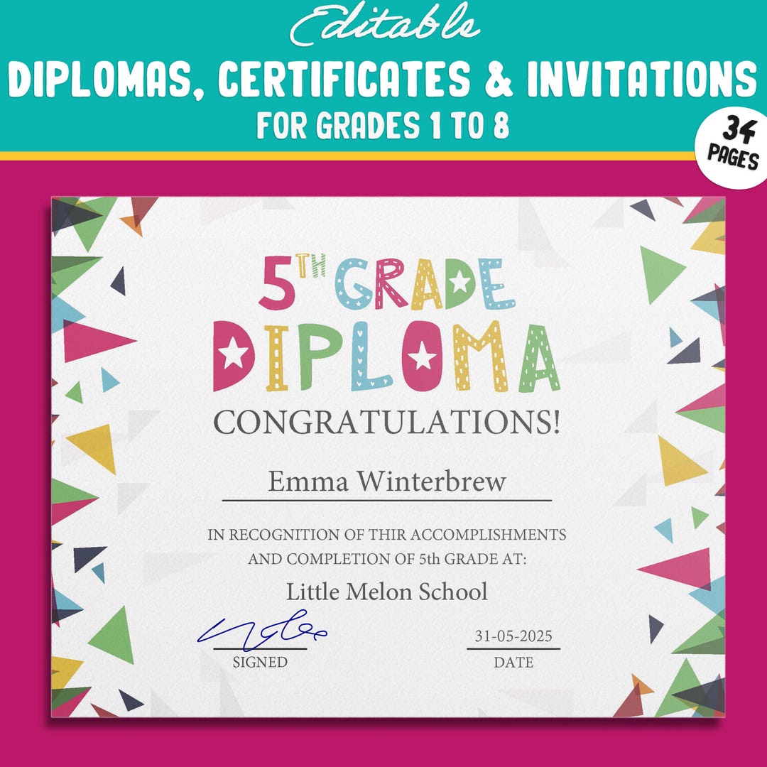 Editable 5th Grade Diploma, 1st to 8th Grade Diploma, Certificate of ...