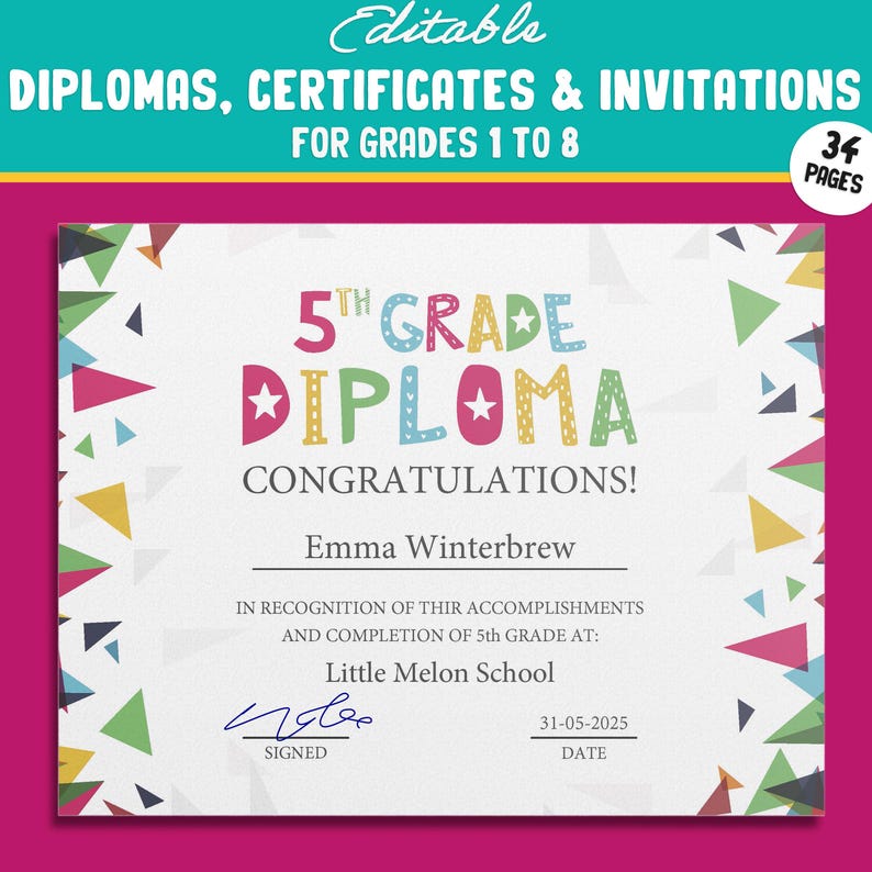 Editable 5th Grade Diploma, 1st to 8th Grade Diploma, Certificate of ...