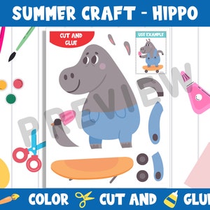Summer Craft Activity: Hippo - Color, Cut, and Glue for Prek to 2nd ...