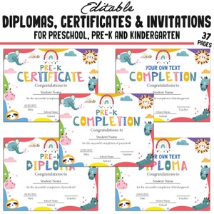 Editable Kindergarten, Pre-k, and Preschool Completion Certificates ...