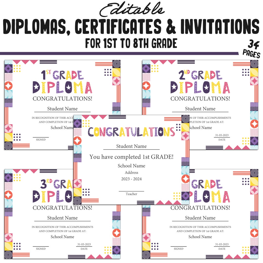 Editable 2nd Grade Diplomas, 1st-8th Grade Certificates, and Invitation ...