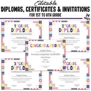Editable 2nd Grade Diplomas, 1st-8th Grade Certificates, and Invitation ...