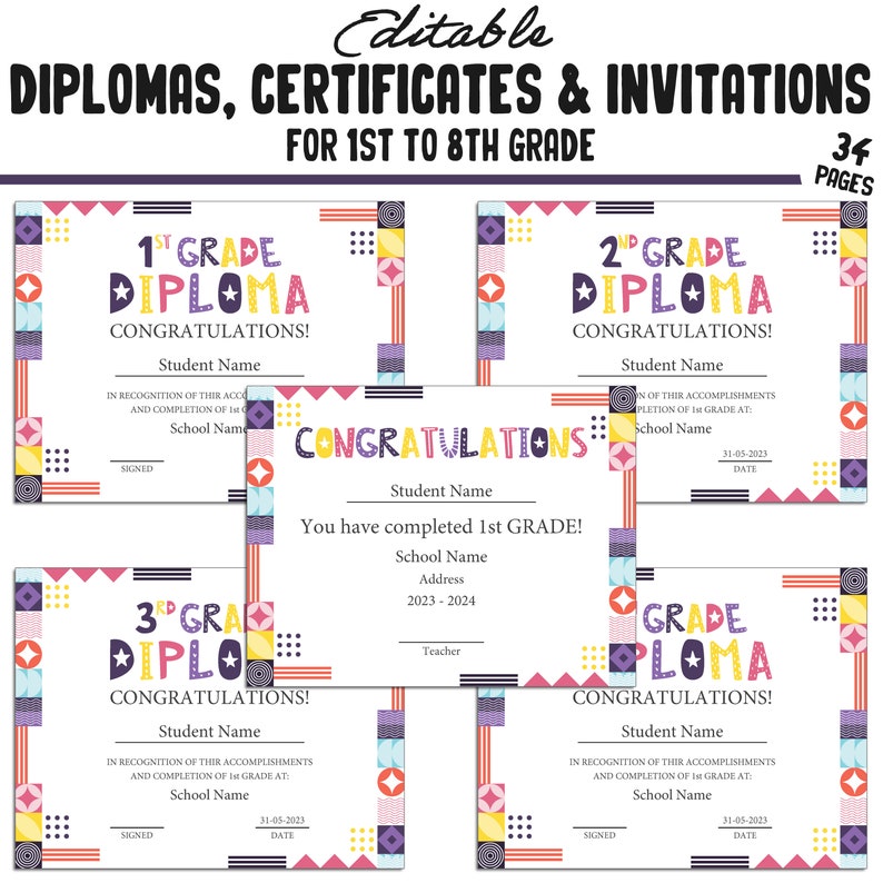 Editable 2nd Grade Diplomas, 1st-8th Grade Certificates, and Invitation ...