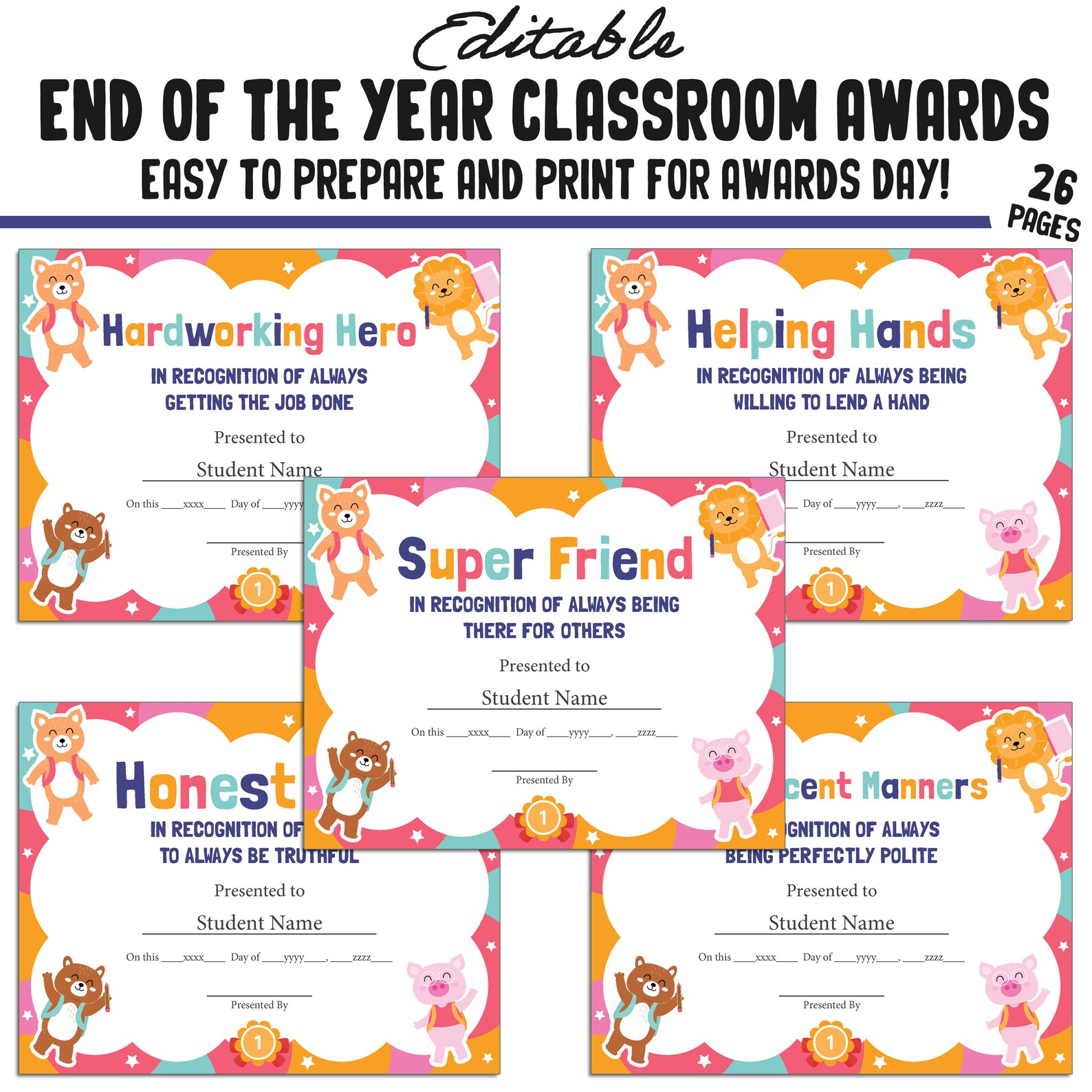 Editable, Creative End-of-year Class Awards for Students, 26 Pages, PDF ...