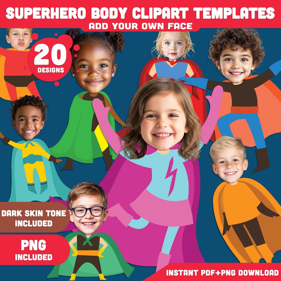 Kid Superhero Body Clipart Templates – DIY Craft! Add Your Face to 20 ...