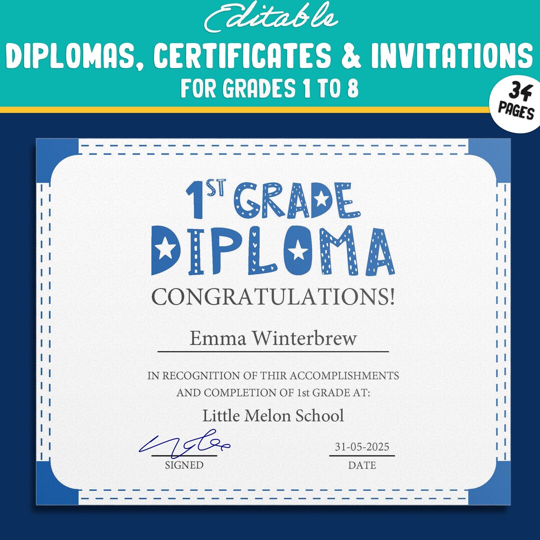 Printable 1st Grade Diplomas, Certificates, and Invitation Templates in ...