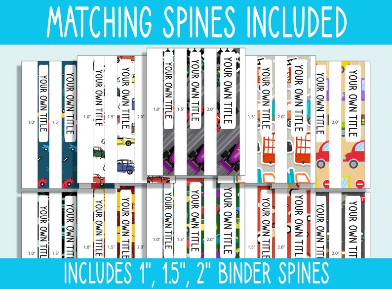 10 Editable Car Pattern Binder Covers, Includes 1, 1.5, 2" Spines ...