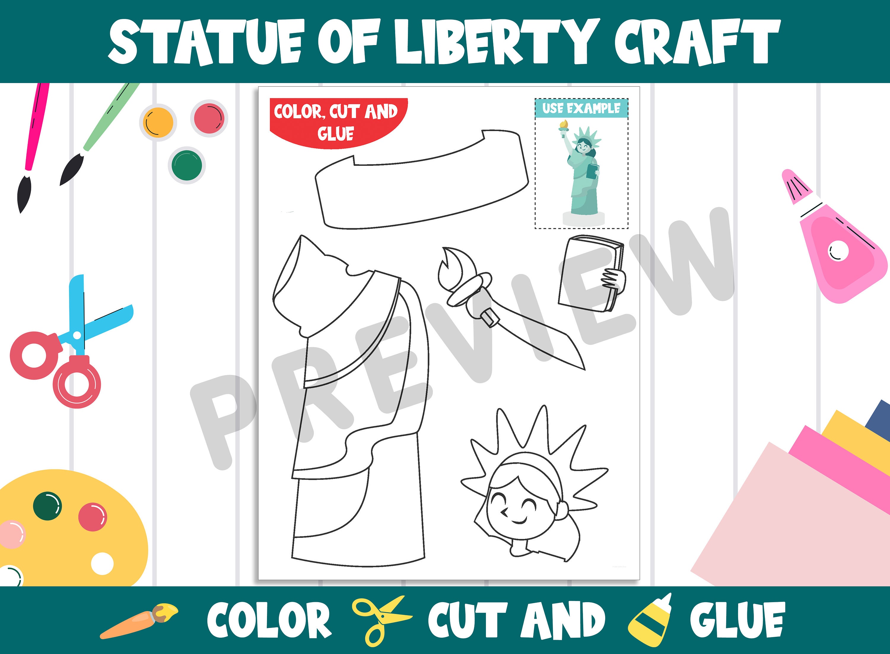 Statue of Liberty, Fourth of July Craft Activity Color, Cut, and Glue ...