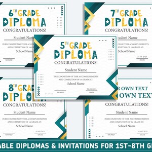 Editable 6th Grade Graduation, 1st to 8th Grade Diploma, Certificate of ...