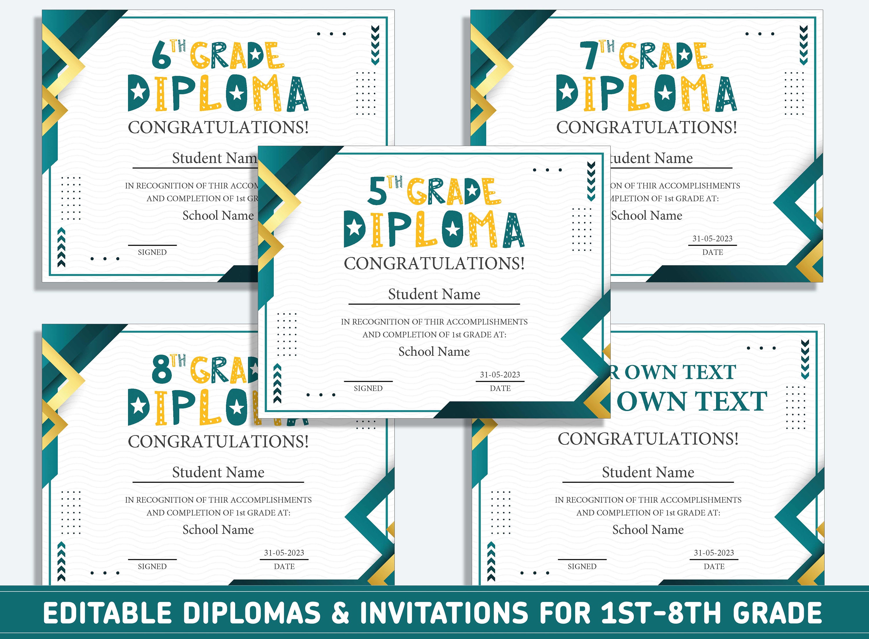 Editable 6th Grade Graduation, 1st to 8th Grade Diploma, Certificate of ...