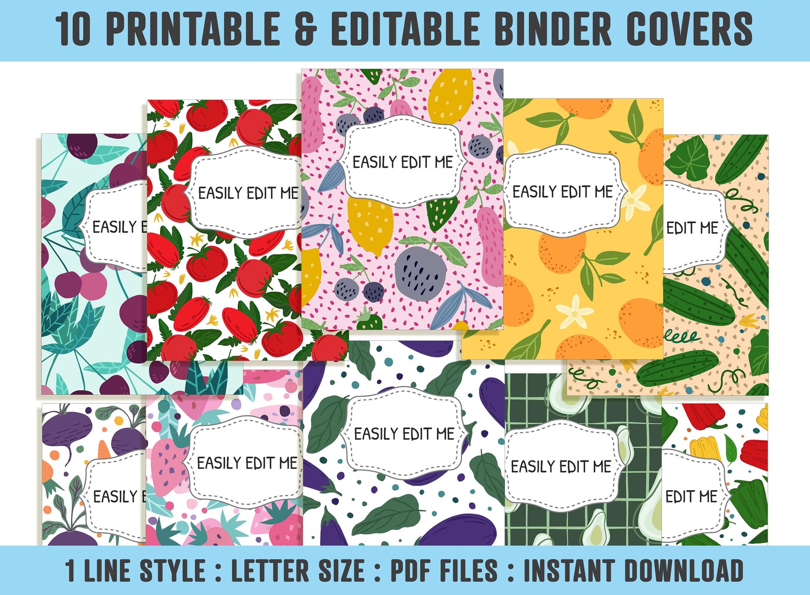 Fruits and Vegetables Binder Cover, 10 Printable Editable Coversspines ...