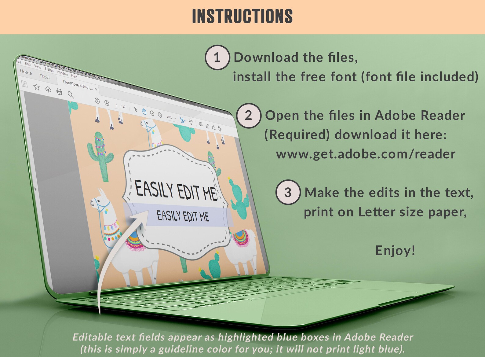 Llama Binder Cover, 10 Printable & Editable Coversspines, Binder Insert ...