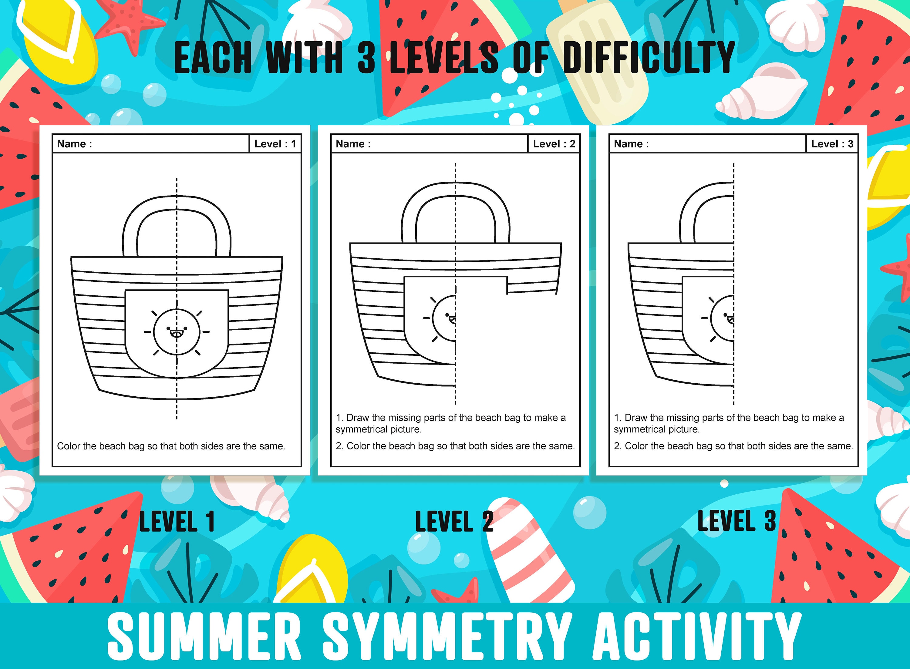 Summer Symmetry Worksheet Summer Math Lines of Symmetry Art - Etsy