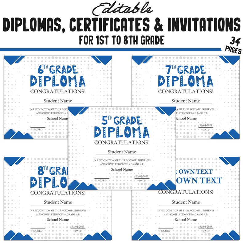 34 First Grade Achievement Diplomas, 1st-8th Grade Certificates, and ...