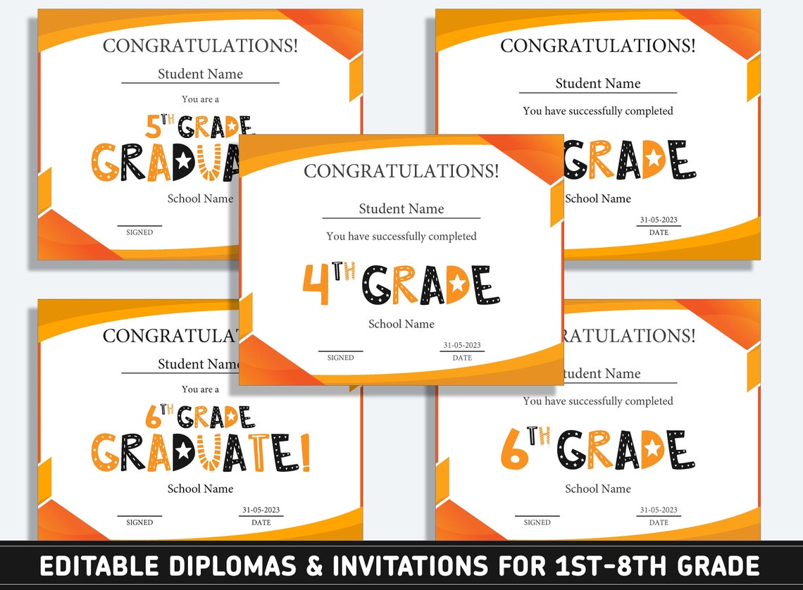 Editable 6th Grade Awards, 1st to 8th Grade Diploma, Certificate of ...