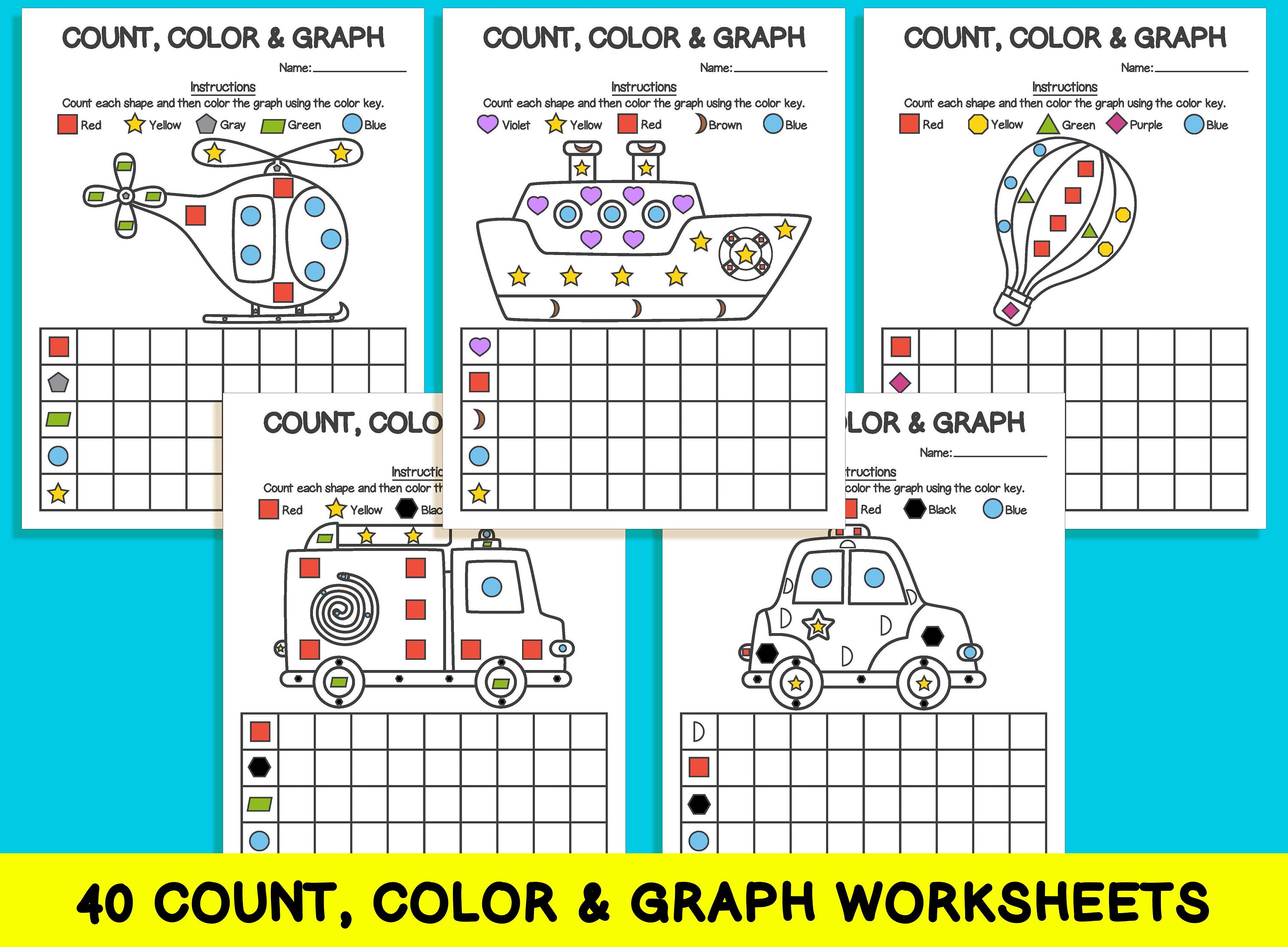 40 Count, Color & Graph Worksheets, Count and Graph Shapes Worksheets ...