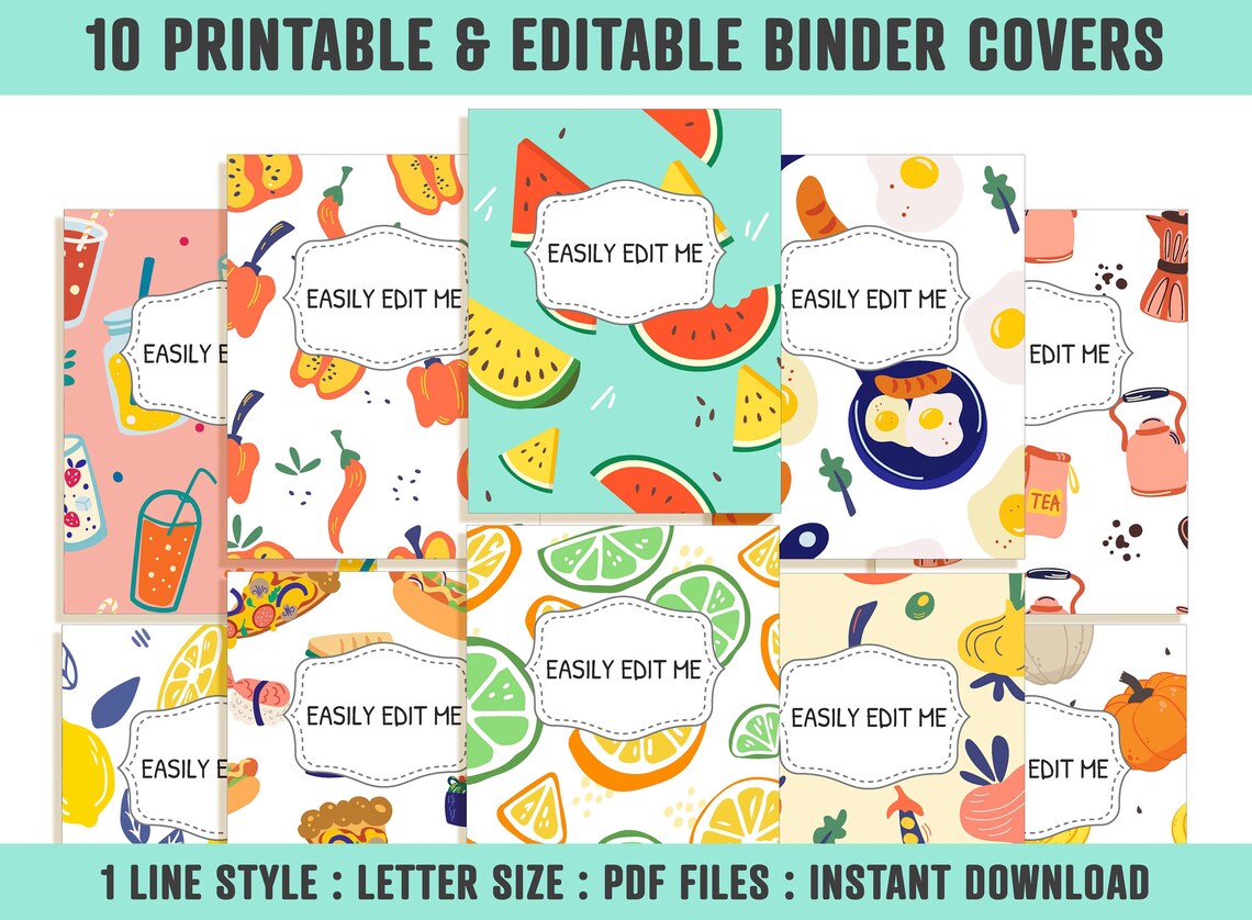 Food Binder Cover, 10 Printable/editable Covers+spines, Teacher/school ...