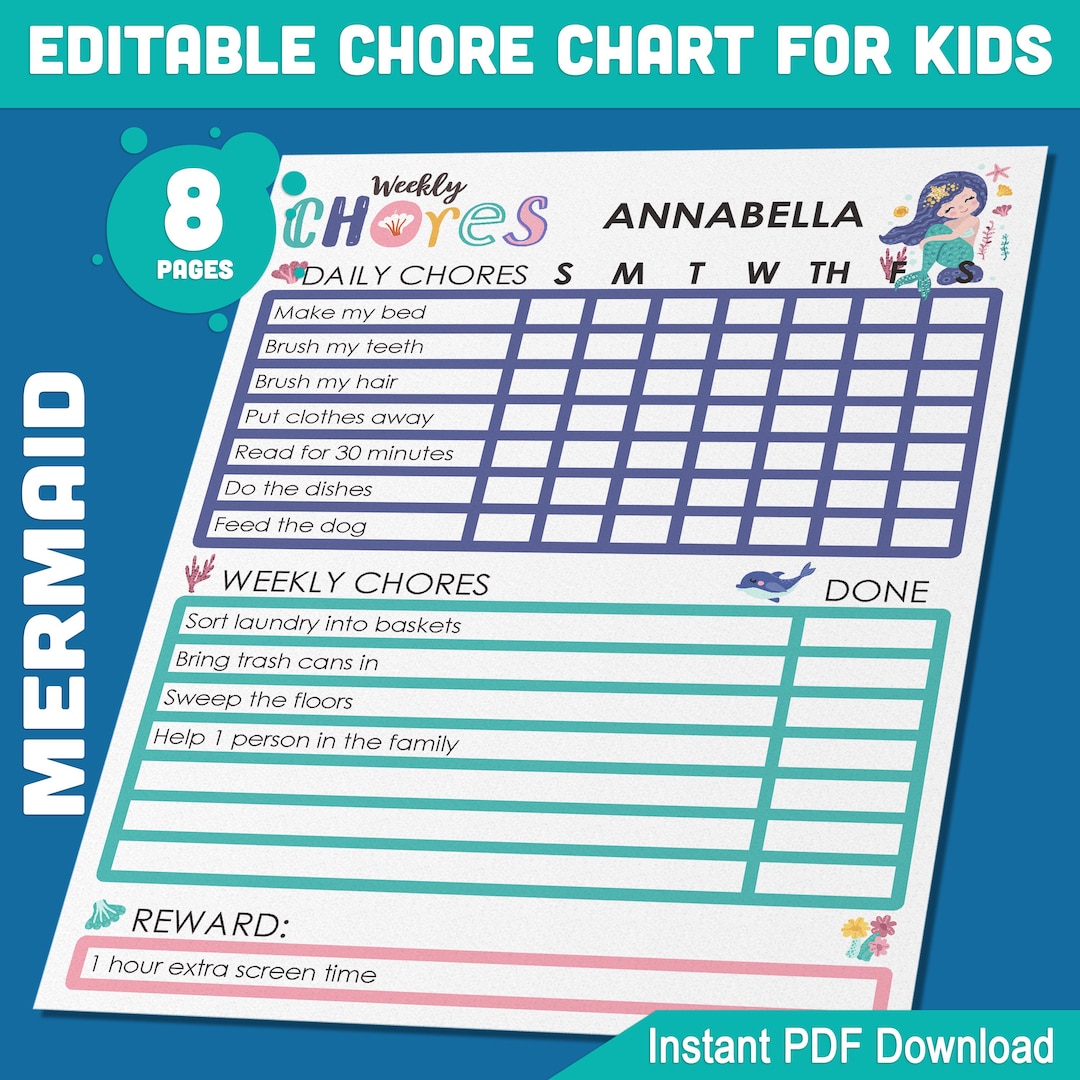 Mermaid-themed Chore Chart for Kids: Editable Child Responsibility ...