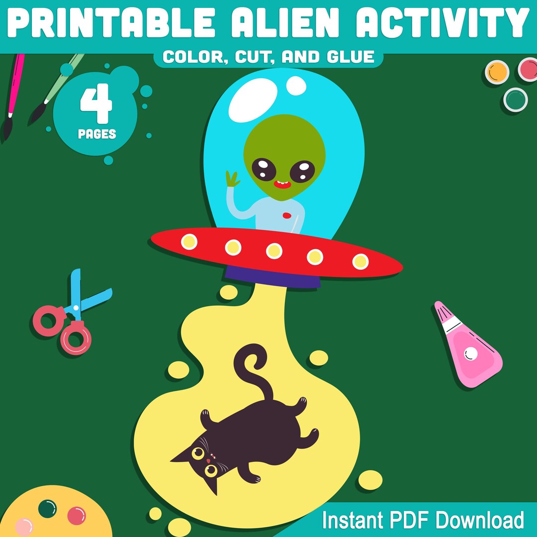 Printable Alien Activity for Kids: 4-page Cut, Color and Glue Craft ...