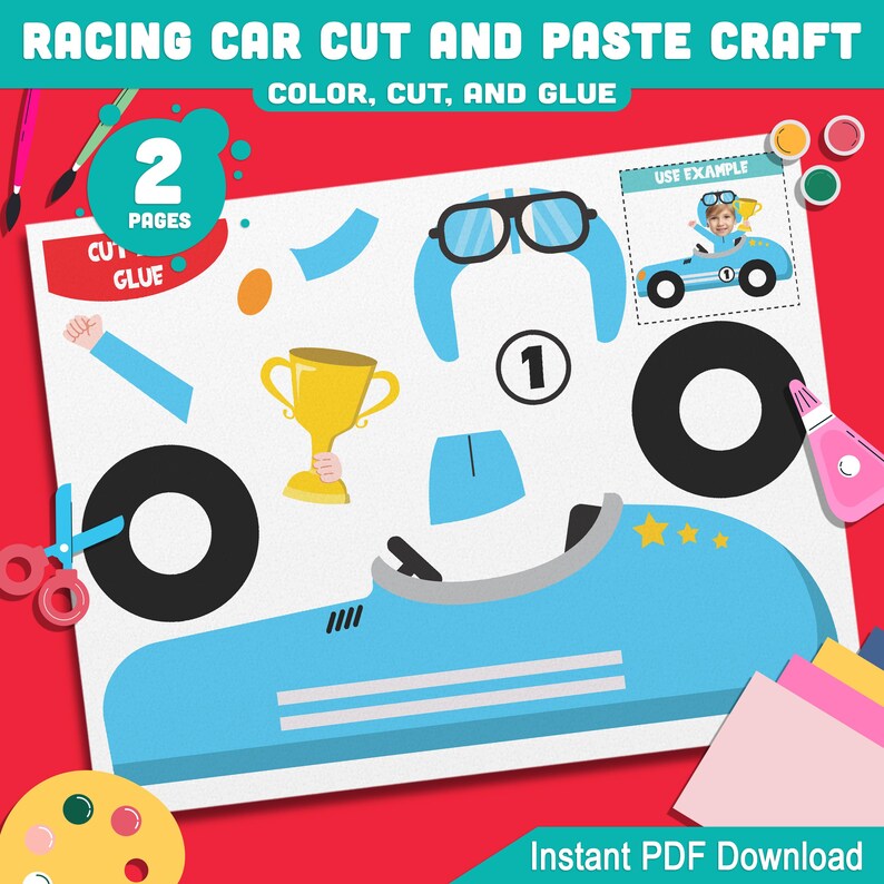 Racing Car Cut-and-paste Craft for Kids, Fun Printable Activity With ...
