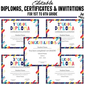Editable 6th Grade Diplomas, 1st-8th Grade Certificates & Invitation ...