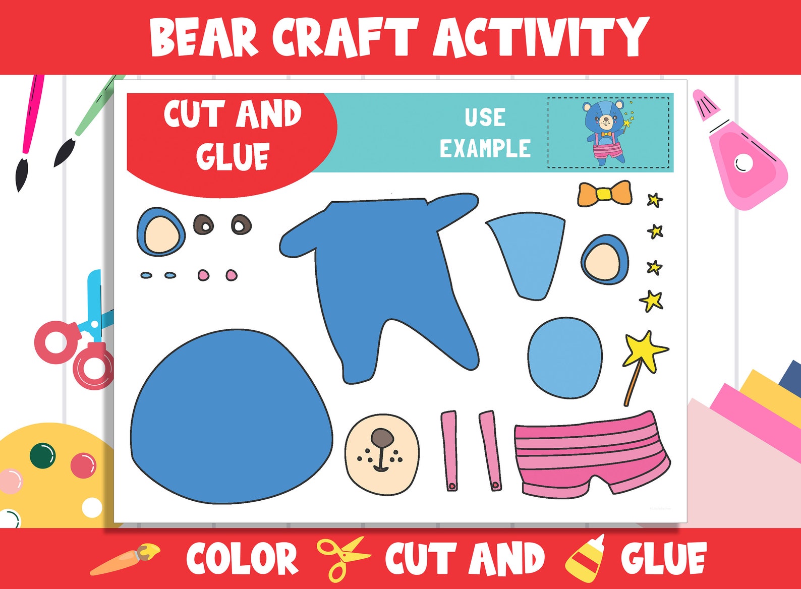 Cute Bear Craft Activity Color, Cut, and Glue for Prek to 2nd Grade ...