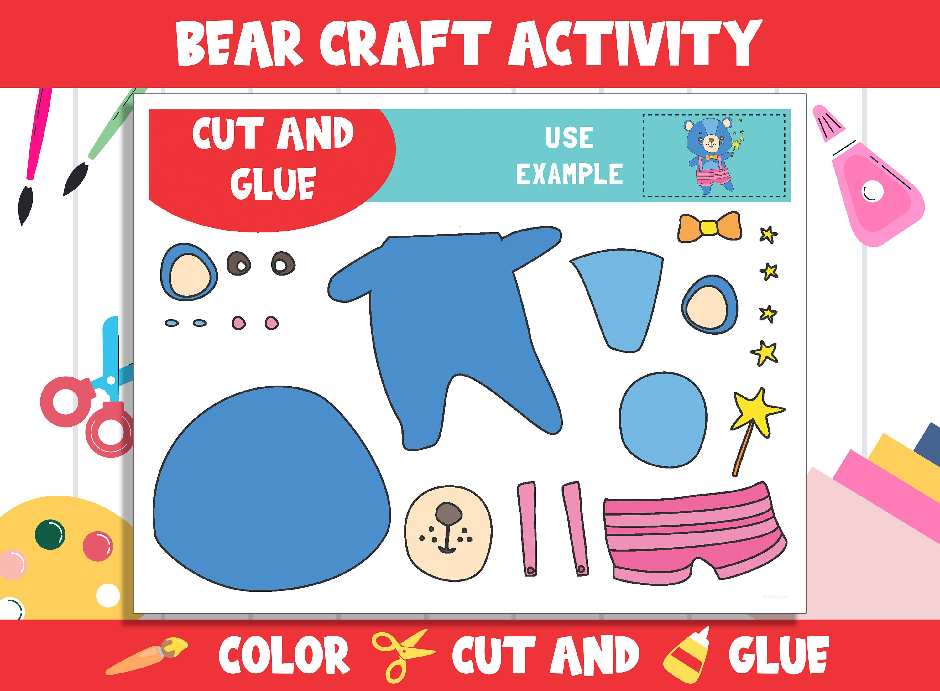 Cute Bear Craft Activity Color, Cut, and Glue for Prek to 2nd Grade ...