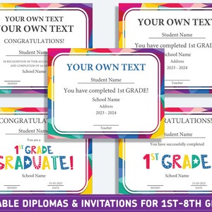Editable 4th Grade Graduation, 1st to 8th Grade Diploma, Certificate of ...