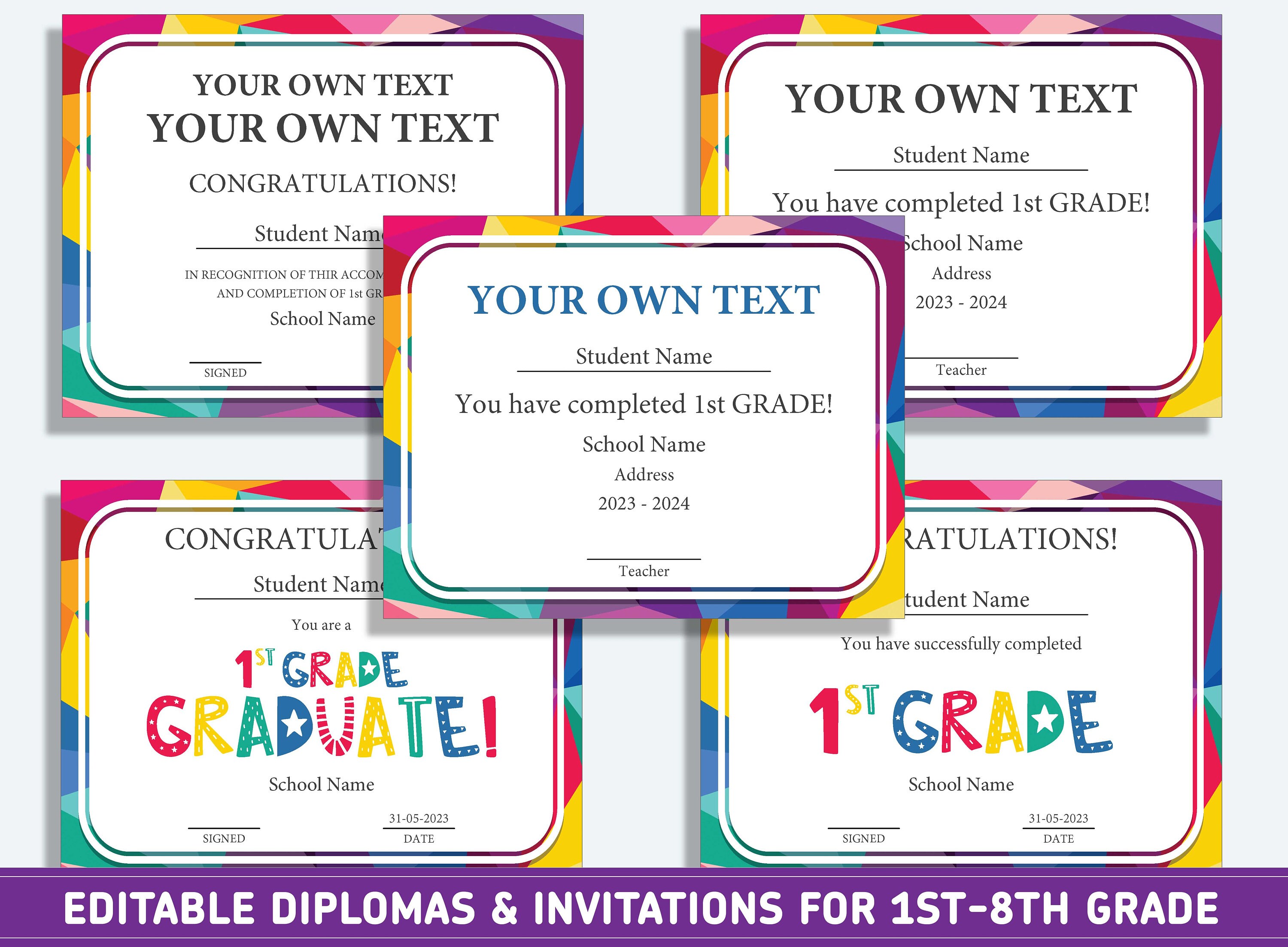 Editable 4th Grade Graduation, 1st to 8th Grade Diploma, Certificate of ...