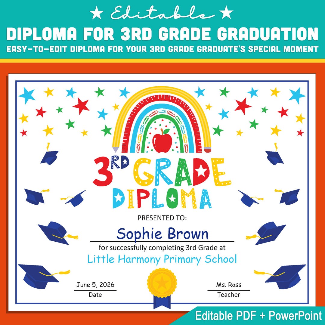 3rd Grade Diploma Template: Editable Letter Size PDF & Powerpoint for ...