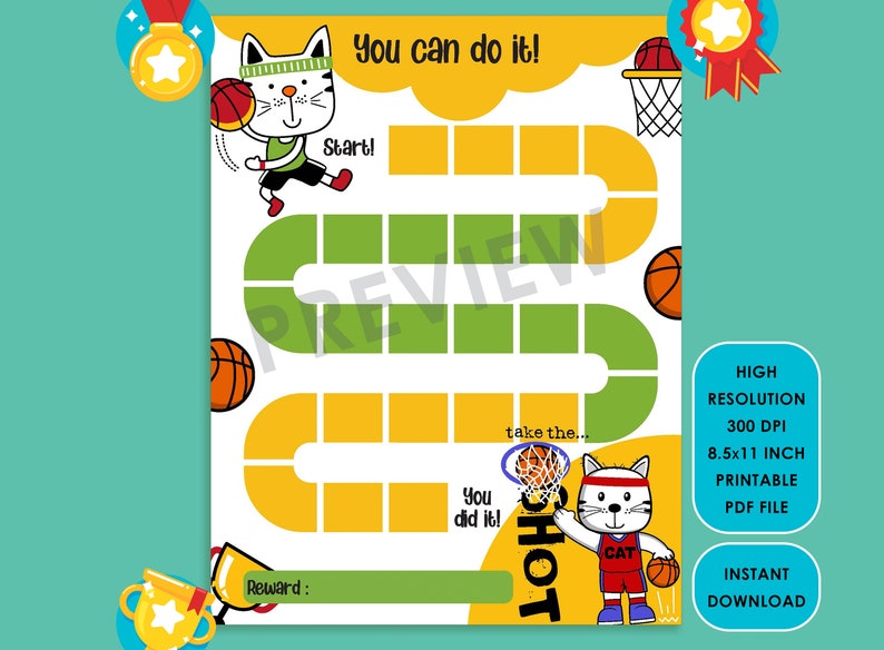 Printable Basketball Reward Chart for Kids, Fun Behavior Tracking, Two ...