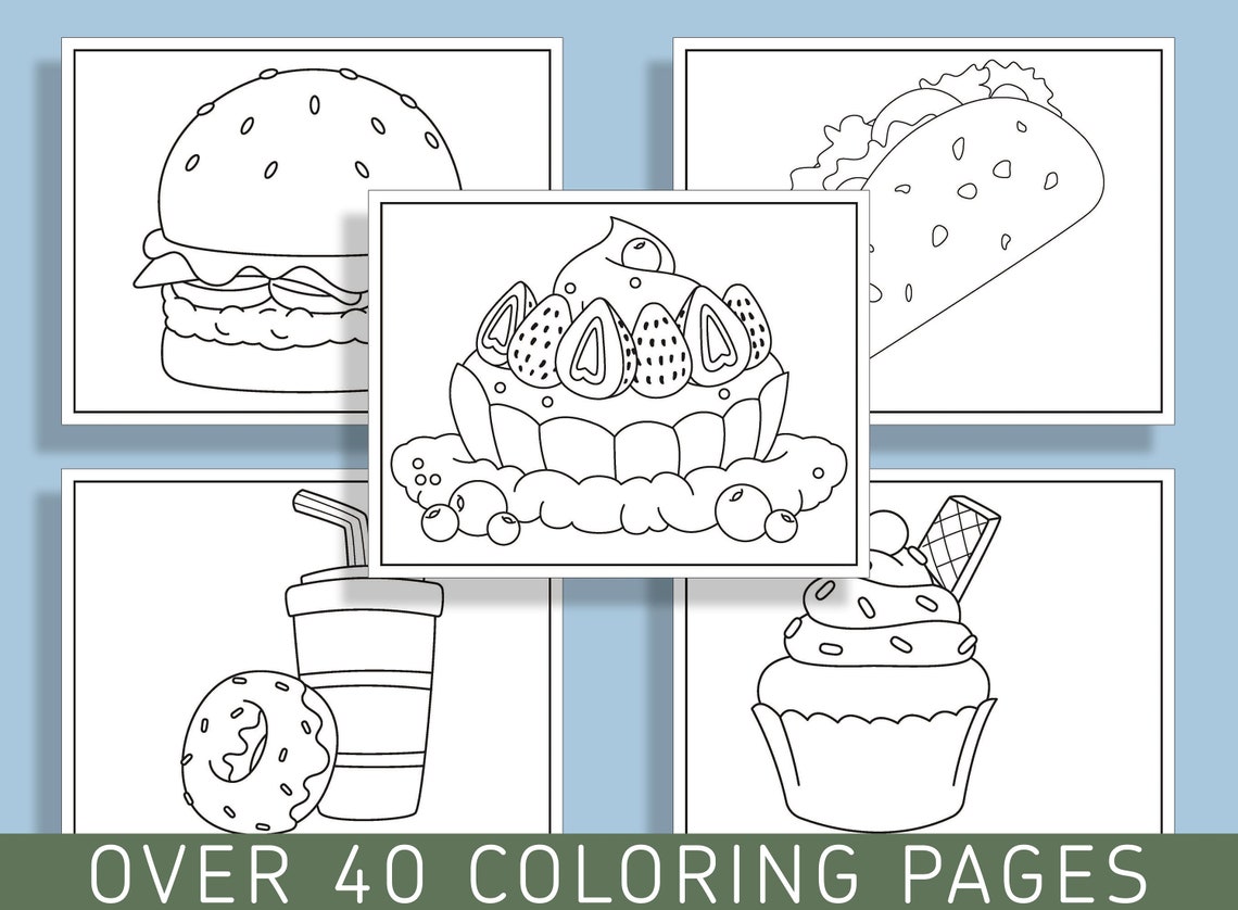 Food Coloring Pages: Fun Activity Book for Kids With 40 Printable Food ...